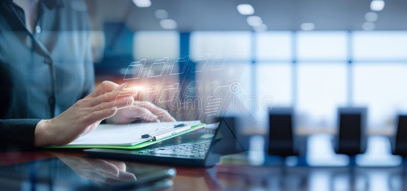 Woman Manager Working on Virtual Screen with Files Stock Photo - Image ...