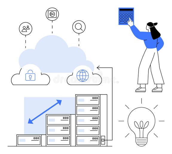 Woman Managing Cloud Data Storage with Servers, Analytics, and Security Elements in a Technology ...