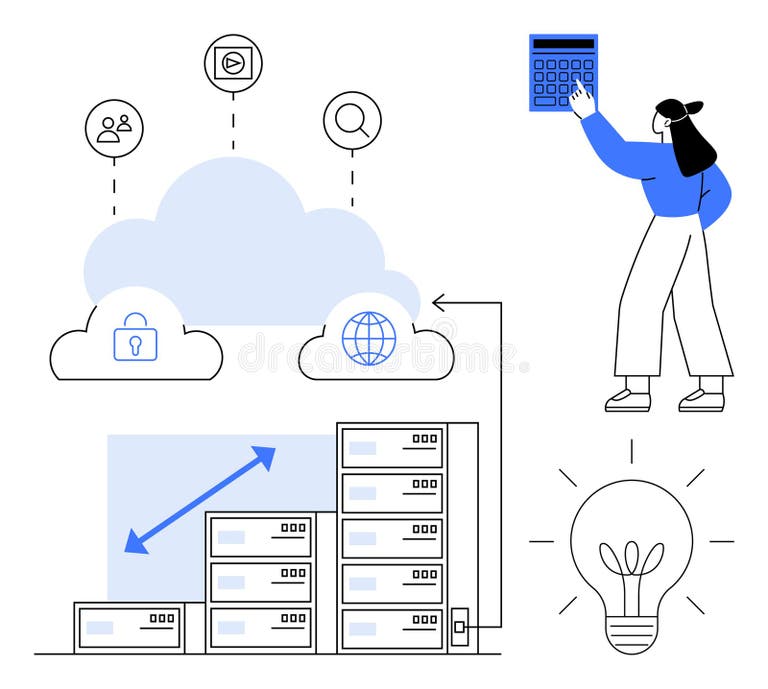 Woman Managing Cloud Data Storage with Servers, Analytics, and Security Elements in a Technology ...