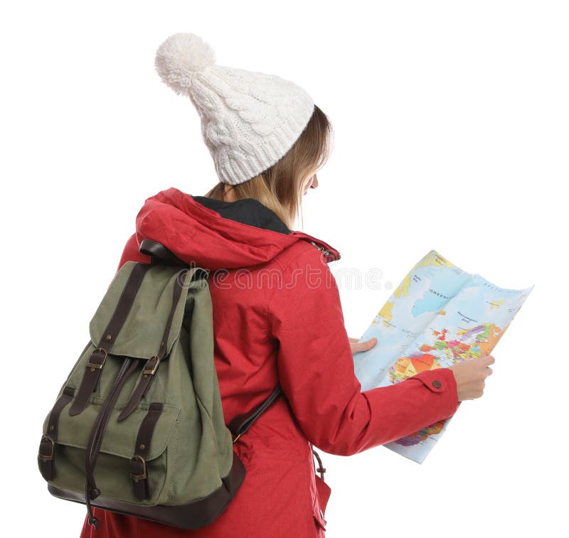Woman with Map and Backpack on White Background, Back View. Winter ...