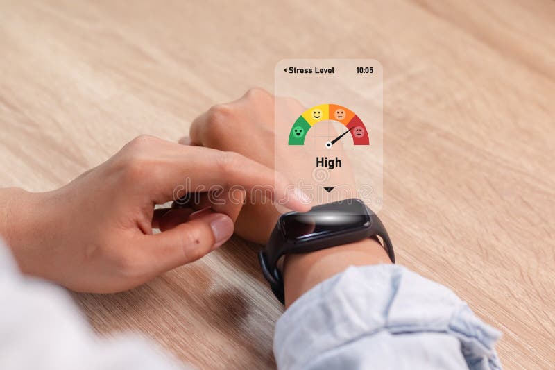 A Woman Measures Her Stress Level Using Her Smart Watch Stock Image ...