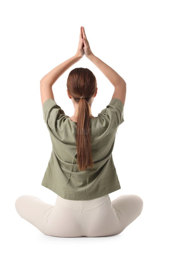 Young Woman Meditating on White Background, Back View Stock Image ...