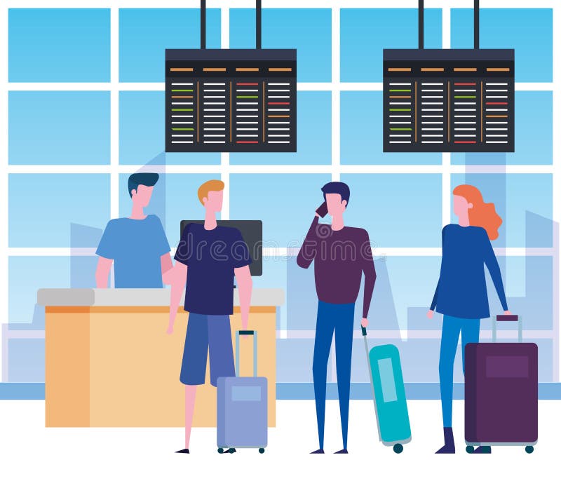 Woman and Men with Baggages and Desk with Computer Stock Illustration ...