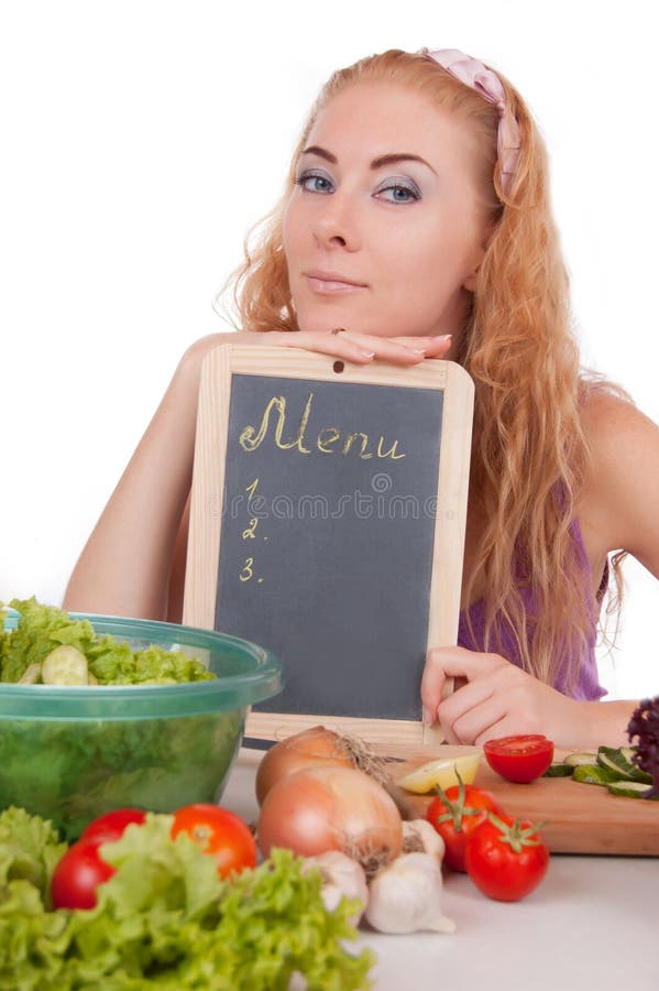 Woman with Menu Board and Vegetables Stock Photo - Image of vegetables ...
