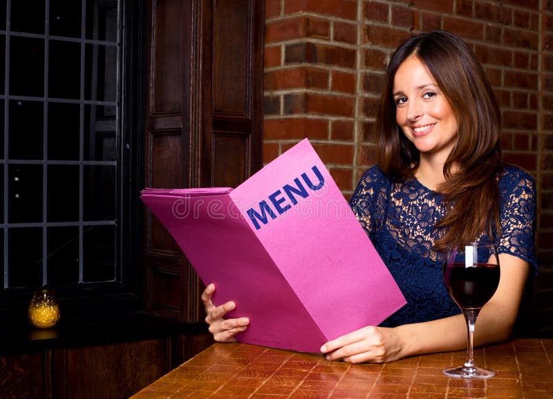 Woman with menu stock photo. Image of call, lady, holding - 46545718