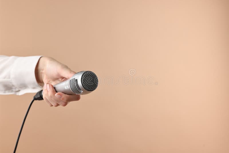 Woman Microphone Beige Background Closeup Space Text Stock Photos ...
