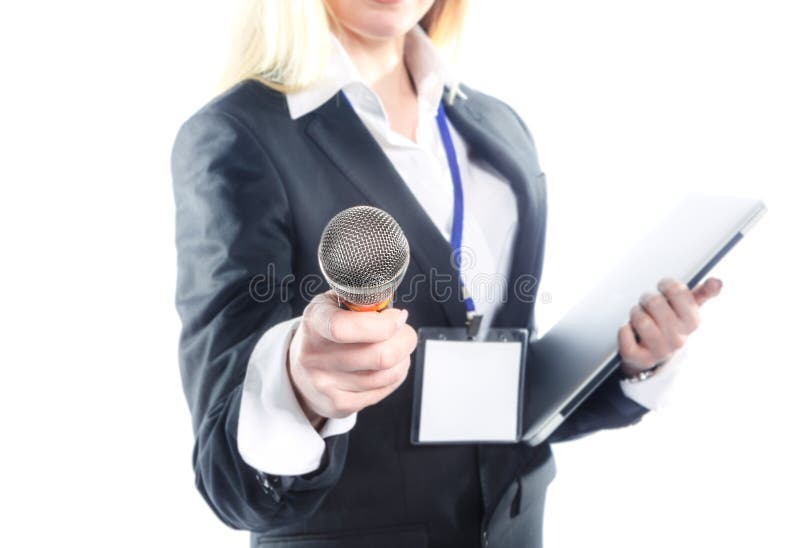 Woman with Microphone Isolated on White. Interview. Stock Photo - Image ...