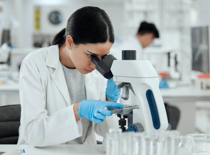 Woman, Microscope and Research in Lab for Chemistry, Observation and ...