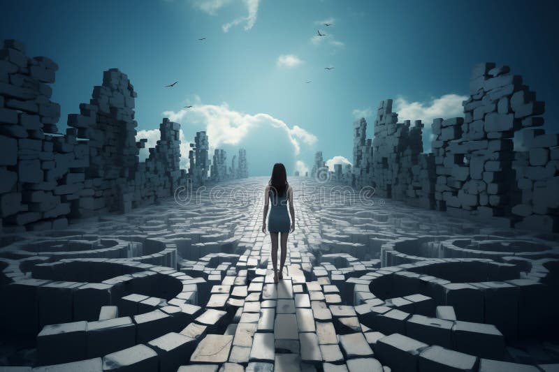 Woman in the Middle of the Maze. Business Challenge Concept. by ...