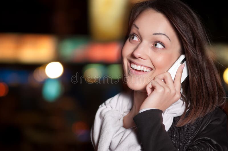 Woman with Mobile Cell Phone Over Night City Stock Image - Image of ...