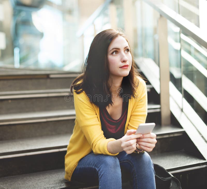 Woman Mobile Phone Connection Waiting City Technology Concept Stock ...