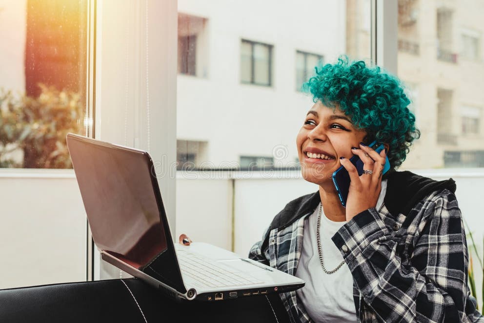 Woman with Mobile Phone and Personal Computer Stock Photo - Image of ...