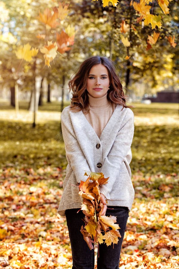 Woman Model with Fall Leaves in the Autumn Park Outdoors Stock Image ...