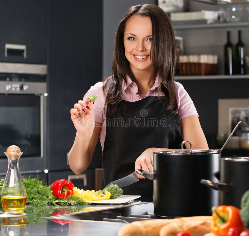 Woman on modern kitchen stock image. Image of programme - 38465863