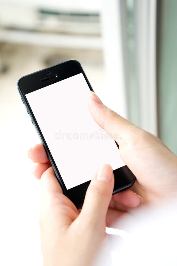 A Woman with Modern Mobile Phone in Hands Touching on a Blank Screen ...