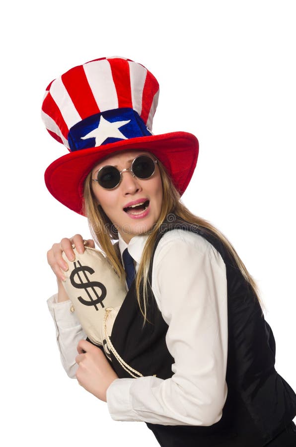 The Woman with Money Sacks Isolated on White Stock Image - Image of ...