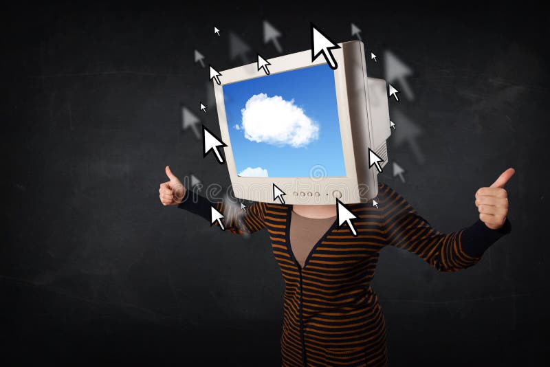Woman with Monitor Screen and Cloud Computing on the Screen Stock Photo ...