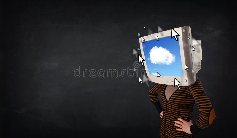 Woman with Monitor Screen and Cloud Computing on the Screen Stock Image ...