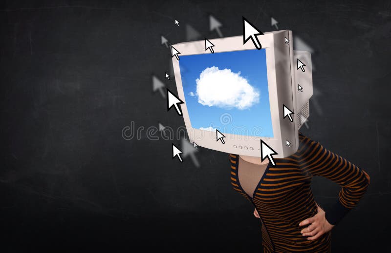 Woman with Monitor Screen and Cloud Computing on the Screen Stock Image ...