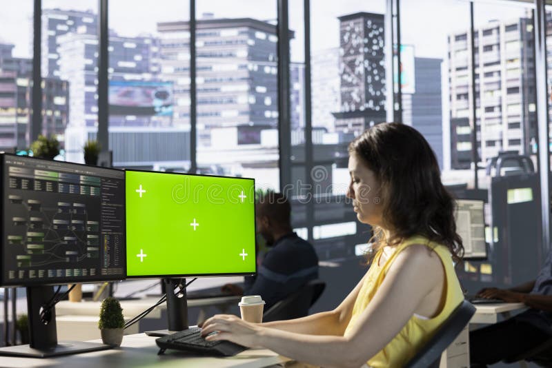 Woman Monitoring and Maintaining Company Systems Using Mockup PC Stock ...