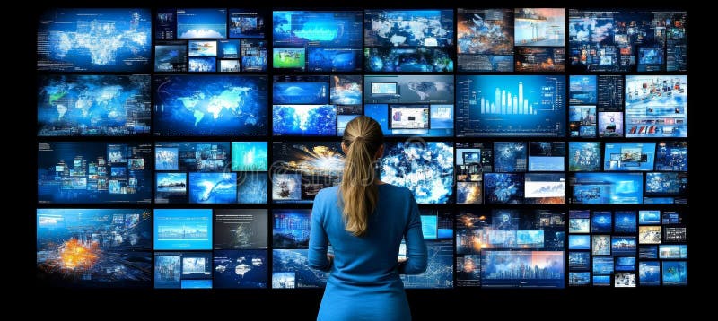 Woman Monitoring Multiple Screens, Visualizing Complex Data, Graphs ... Woman Monitoring Multiple Screens, Visualizing Complex Data, Graphs ...