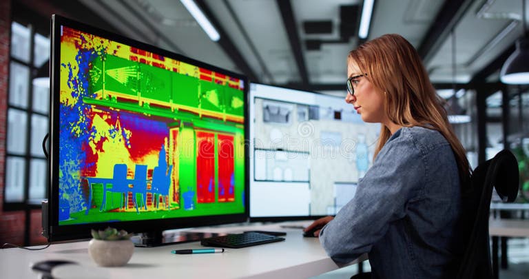 Woman Monitors House Heat with Efficiency on Computer Screen Stock ...