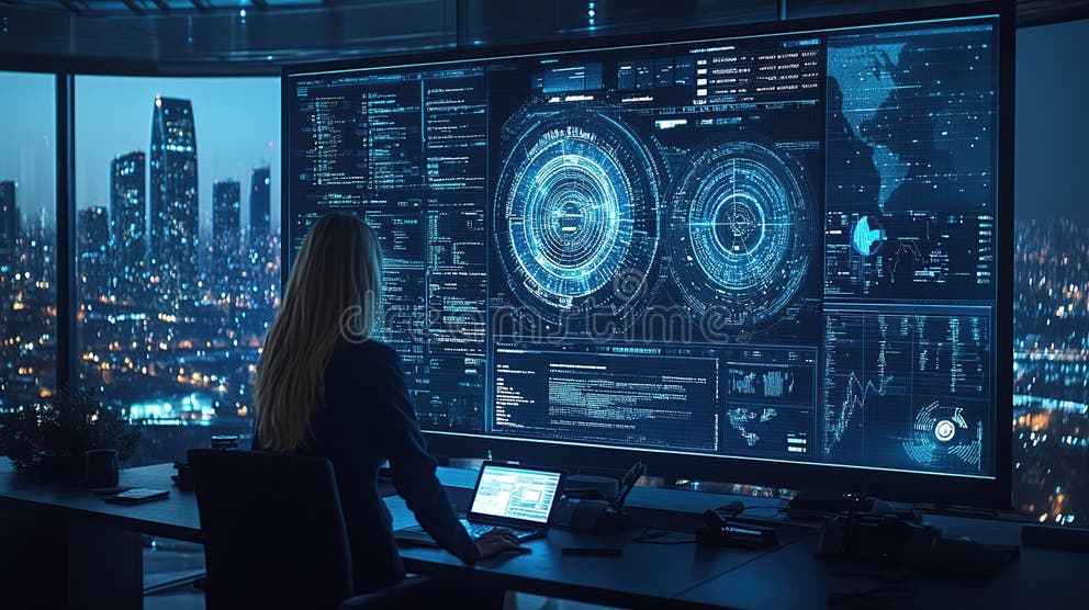 Woman Monitors Multiple Screens Displaying Complex Data Visualizations in a Modern, High-tech ...
