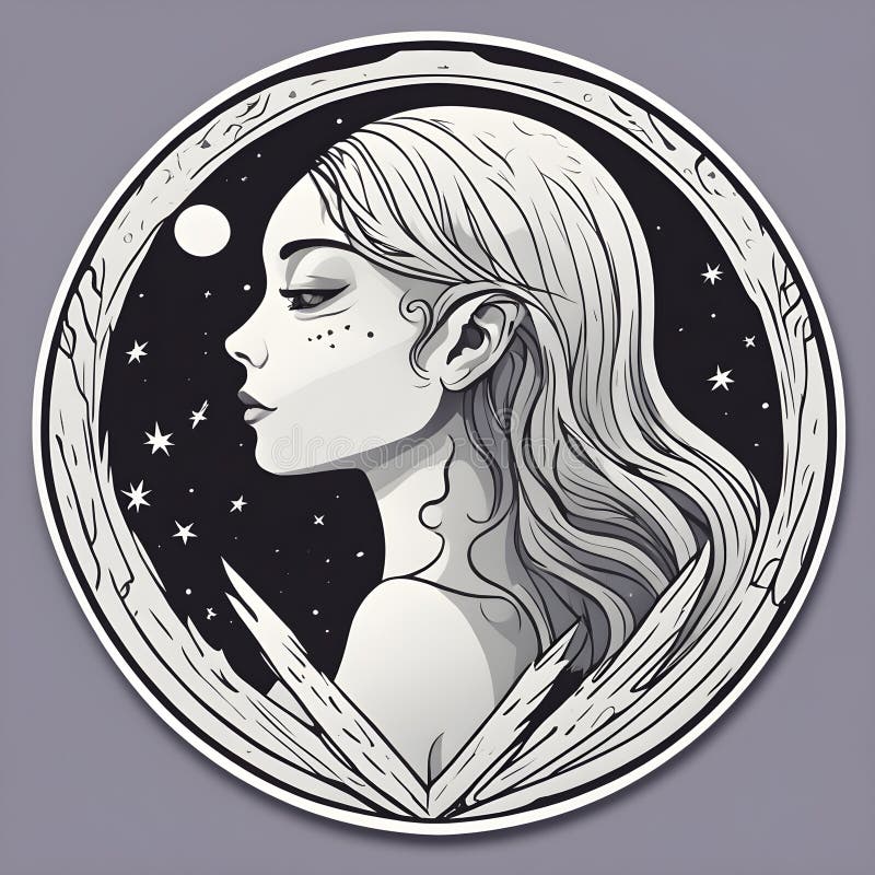 Woman with Moon. Round Sticker Badge Stock Illustration - Illustration ...