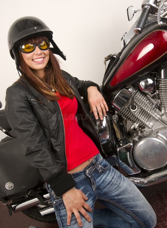 Woman beside Motorcycle Huge Smile Stock Photo - Image of mirror, smile ...