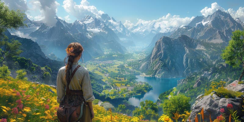 Woman on a Mountain Overlooking a Valley. Created by Generative ...