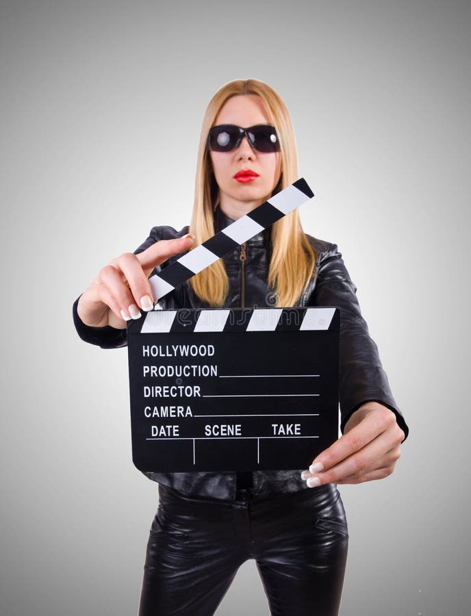 Woman with Movie Clapper on White Stock Image - Image of fashion, black ...
