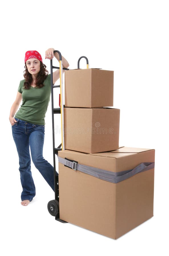 Young Woman Moving Boxes with with a Hand Truck or Dolly. Stock Image ...