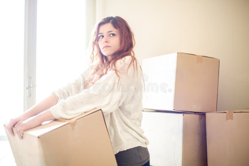 Woman Moving stock image. Image of view, boxes, smiling - 91069947