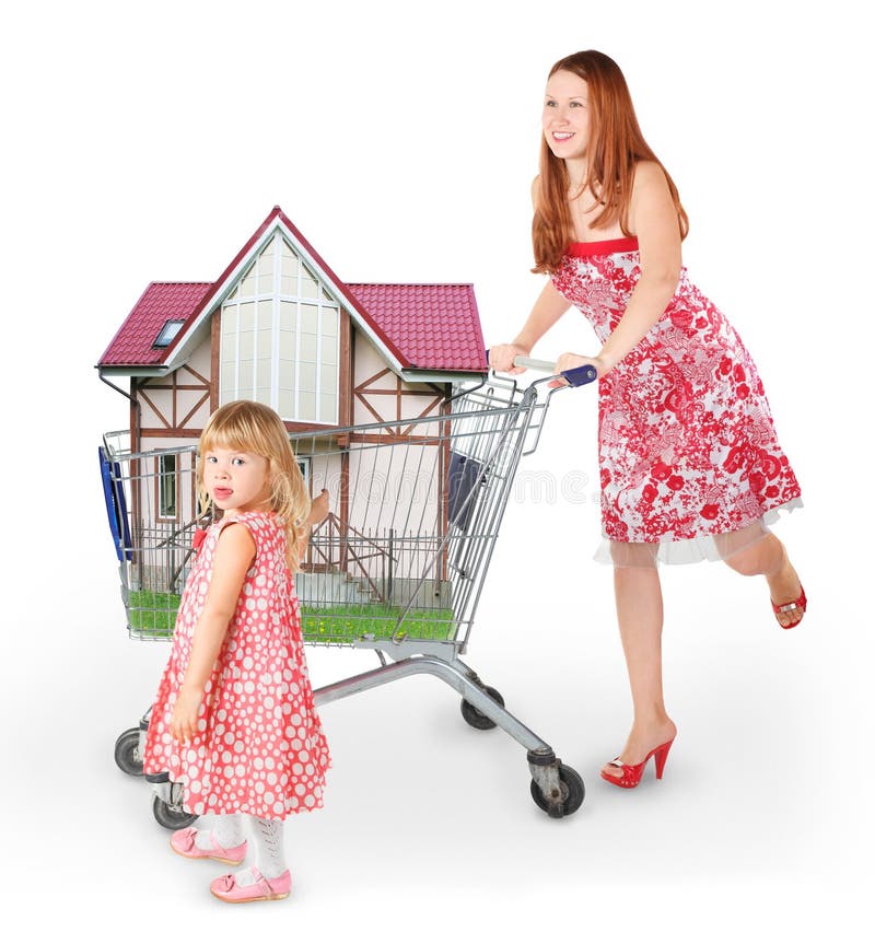 Woman is Moving Shopping Basket with House Stock Image - Image of ...