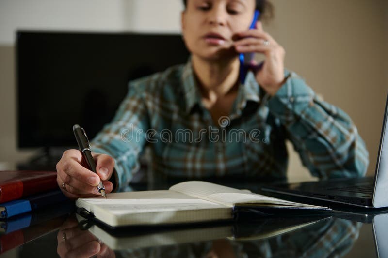 Woman Multitasking Home Office Making Notes Phone Stock Photos - Free ...