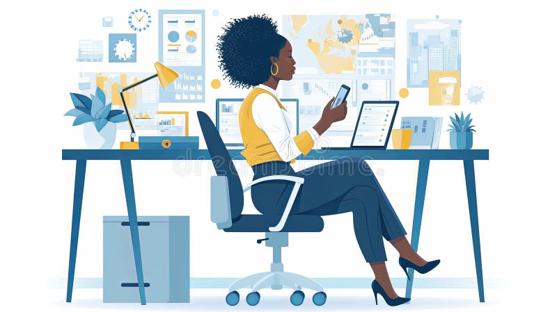 Woman Multitasking at a Modern Workplace with Technology and Digital ...