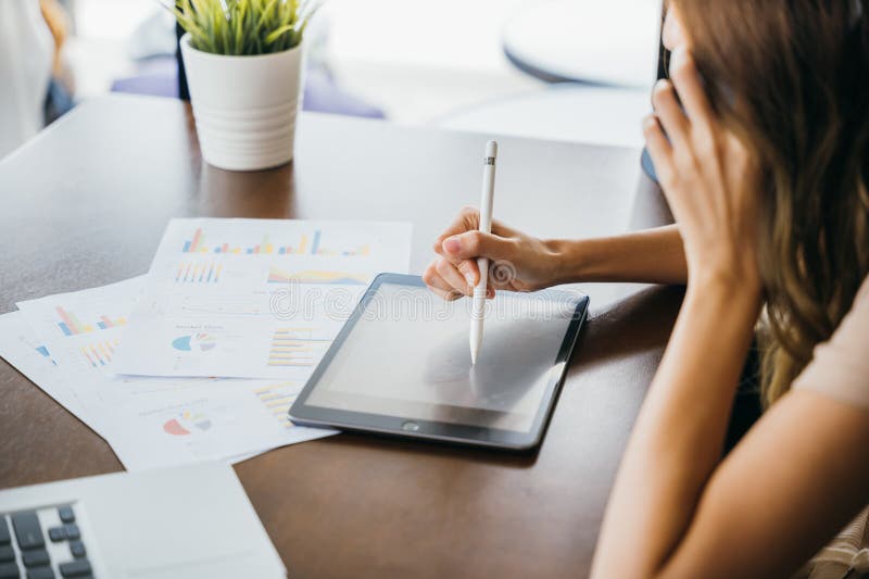 Multitasking Woman Talking Phone Writing Tablet Working Laptop Stock ...