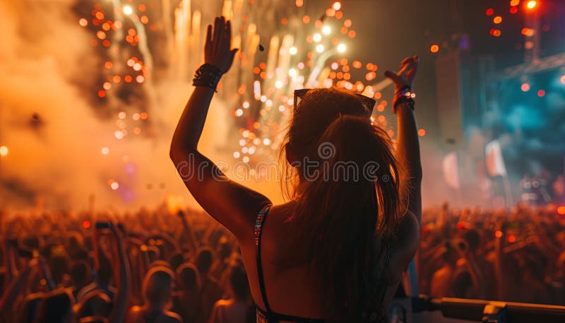 Woman at Music Festival with Fire Work. Stock Illustration ...