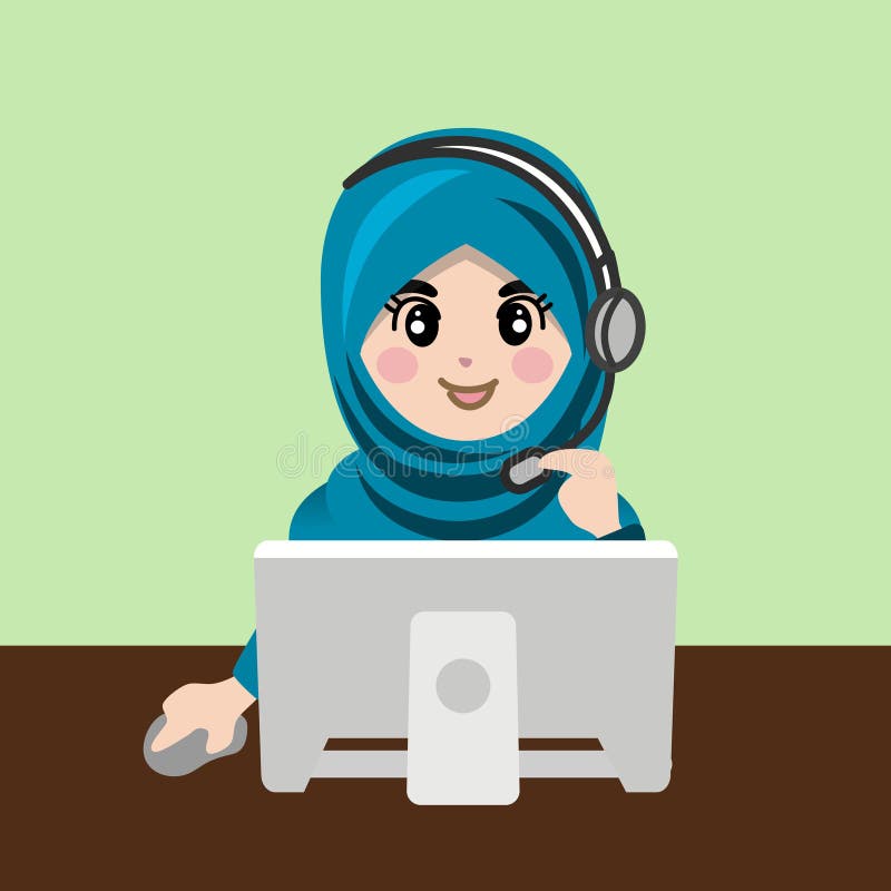 A Woman Muslim Working by Using a Laptop Stock Illustration ...