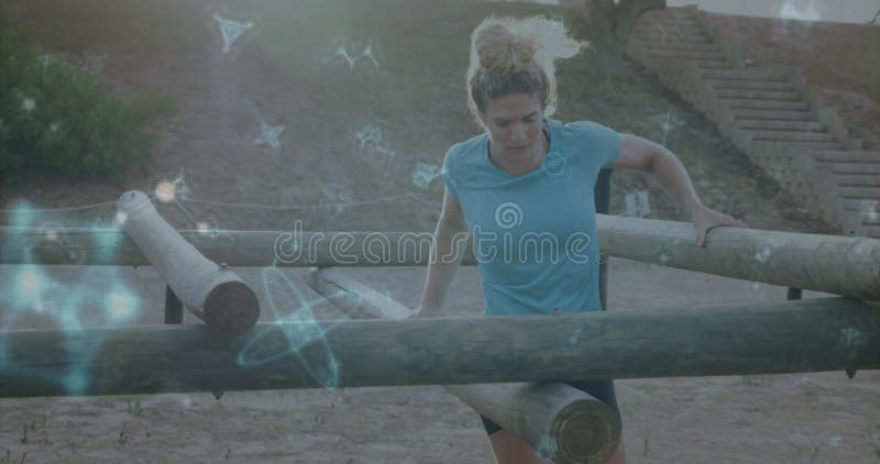 Woman Navigating Obstacle Course with Digital Animation Overlay of ...