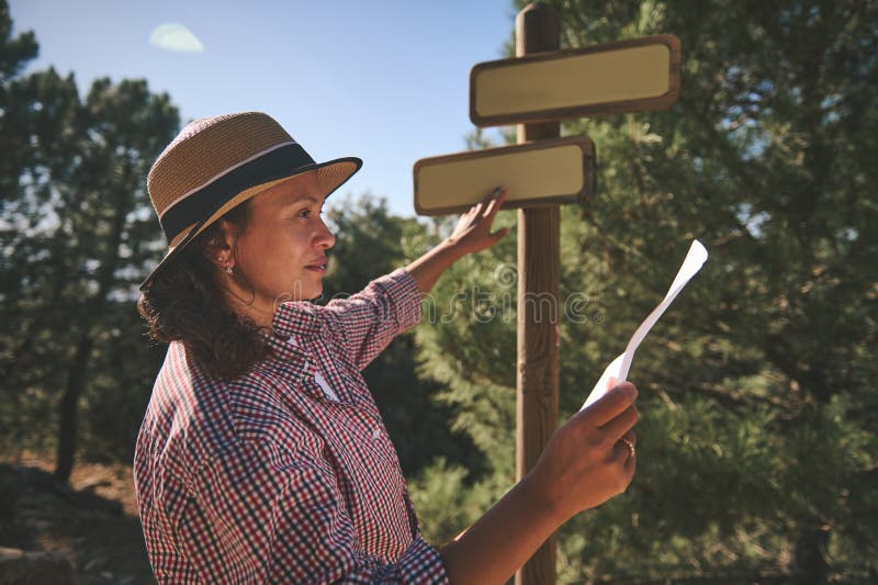 Woman Navigating Outdoors with Map Stock Image - Image of landscape ...