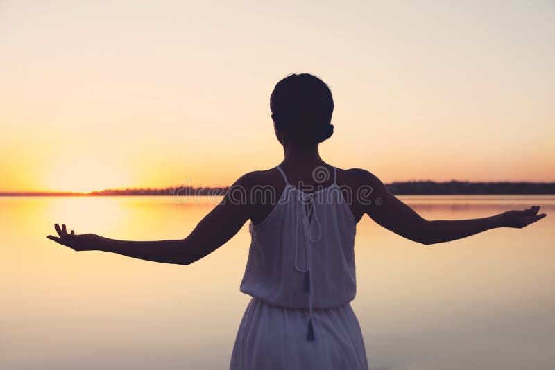 Woman Near River on Sunset. Healing Concept Stock Image - Image of ...