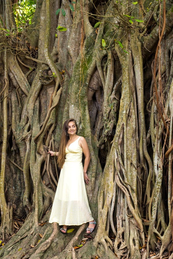 Long-haired Woman Near a Banyan Tree Stock Photo - Image of beauty ...