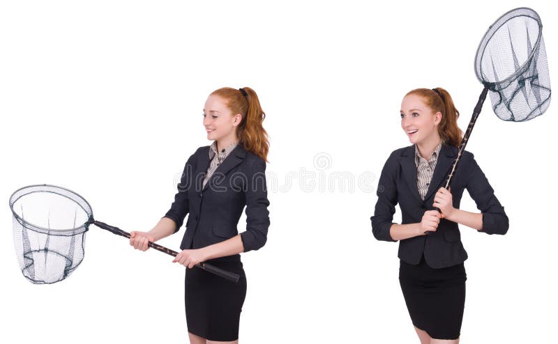The Woman with Net Isolated on White Stock Photo - Image of happy ...