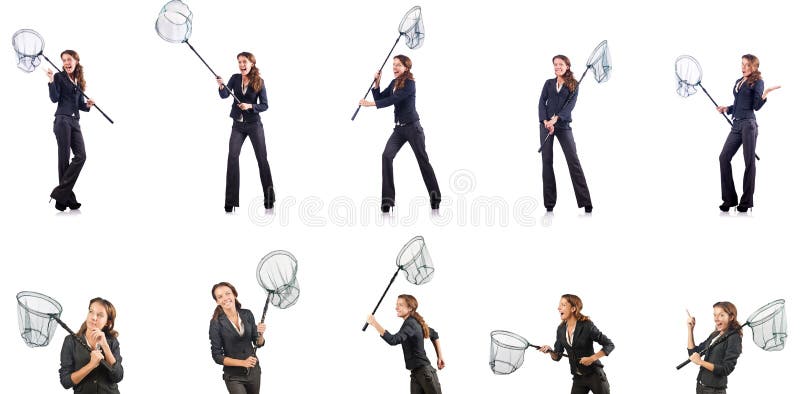 The Woman with Net Isolated on White Stock Photo - Image of cute ...