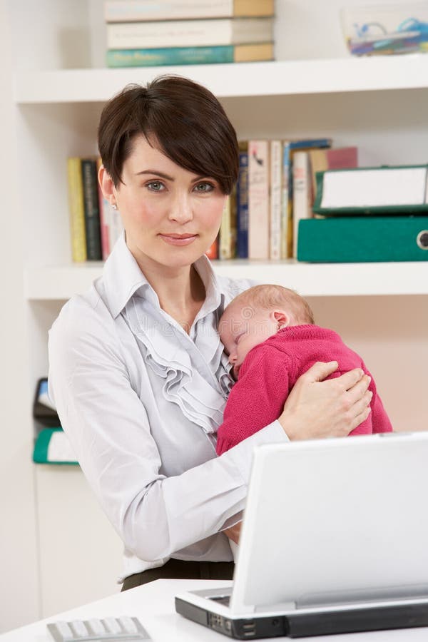 Woman with Newborn Baby Working from Home Using La Stock Photo - Image ...