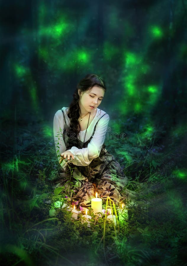 Woman at Night in the Forest Performs a Mysterious Ritual Stock Photo ...