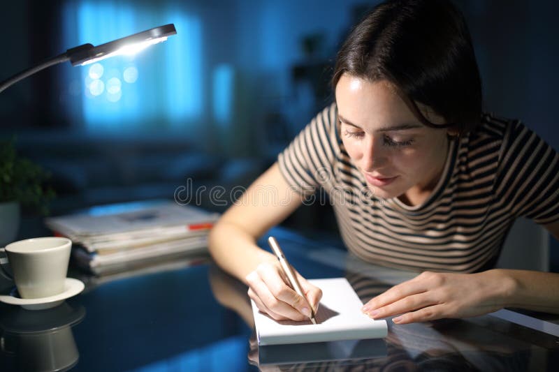 Woman in the Night Taking Notes at Home Stock Image - Image of student ...