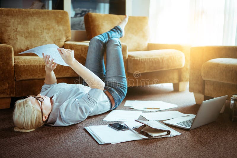 A Woman in Normal Clothes Working at Home. Startup of the Project Stock ...