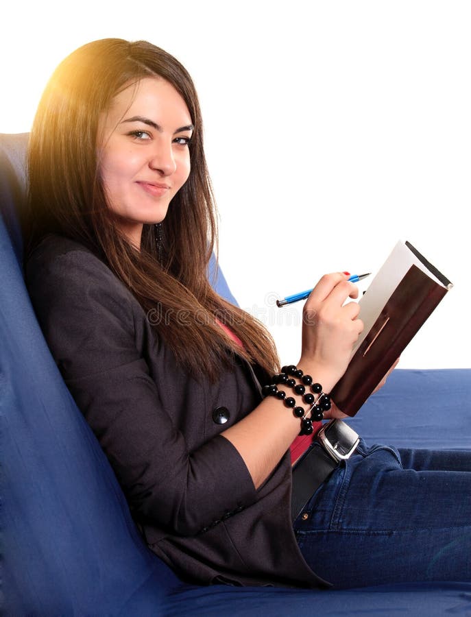 Woman with Notebook. Close Up Stock Image - Image of divan, couch: 21366959